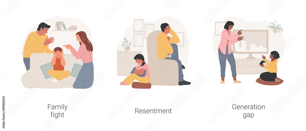Family conflicts isolated cartoon vector illustration set. Kid and ...