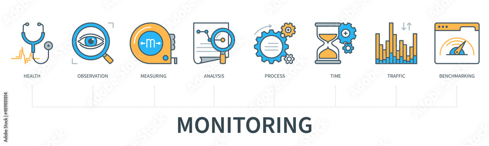 Monitoring concept with icons. Health, observation, measuring, analysis ...
