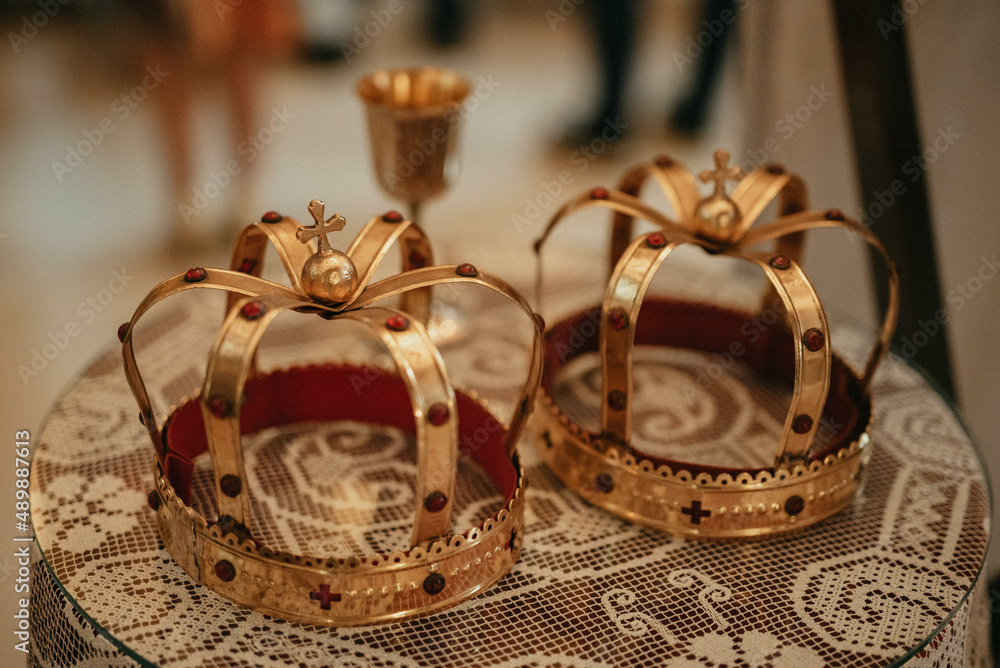 Pair of golden crowns n the church. Orthodox religious crowns. Stock ...
