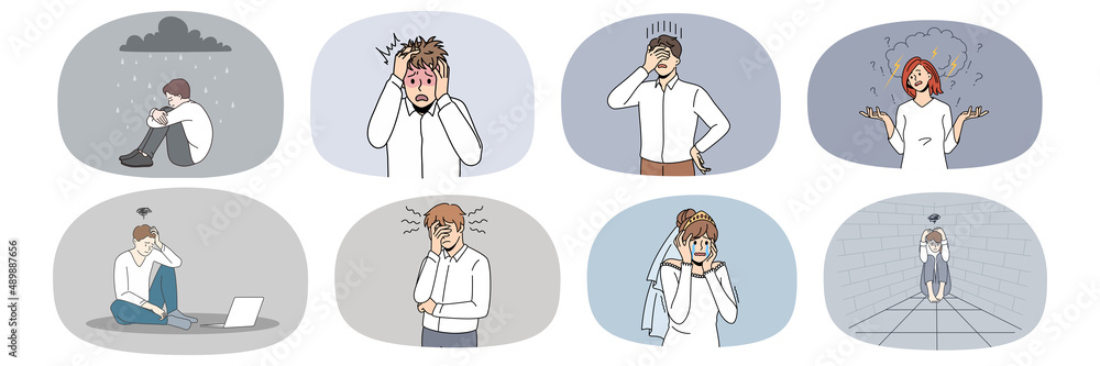 Set of unhappy people suffer from mental or emotional breakdown ...
