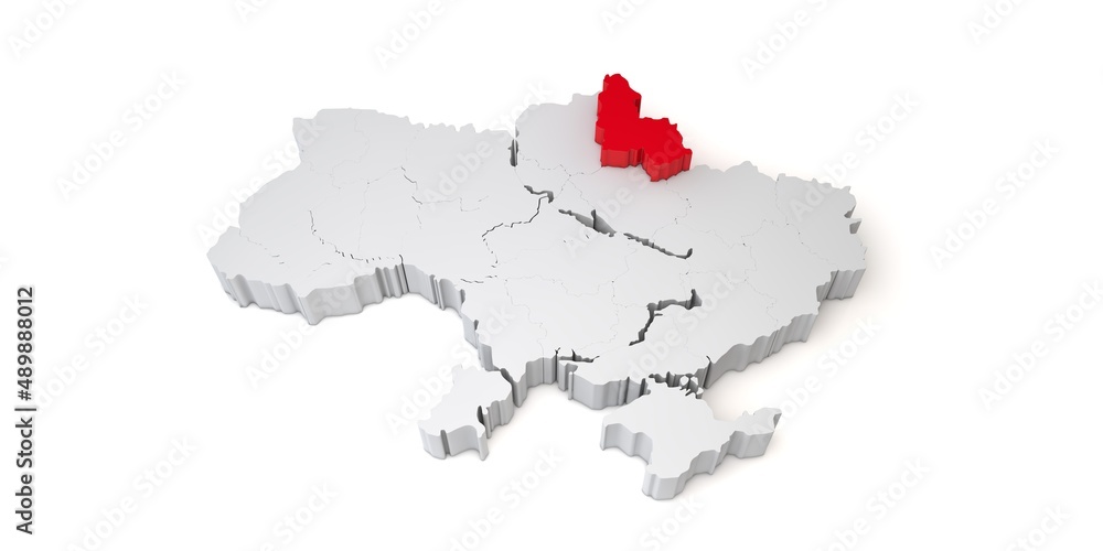3d map of Ukraine showing the region of Sumy in red. 3D Rendering Stock ...