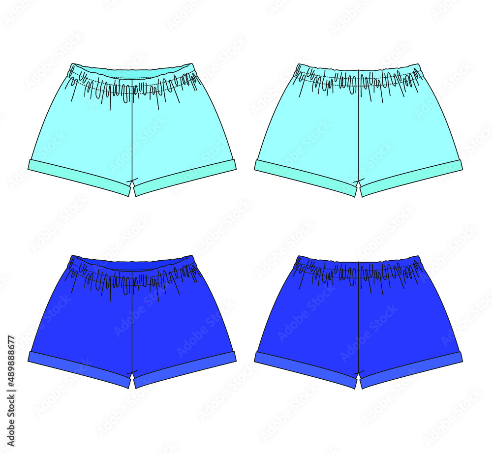 Technical drawing of children's fashion. Elasticated shorts for girls ...