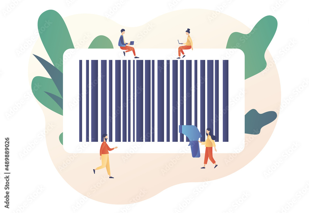 Big bar code. Tiny people scan bar-code. Handheld barcode scanner ...