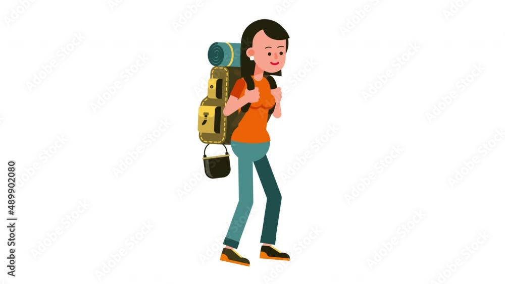 Woman hiker with big tourist backpack. Cartoon Woman goes on a hiking ...