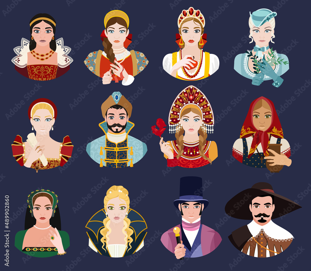 A large set of portraits of men and women in different historical ...