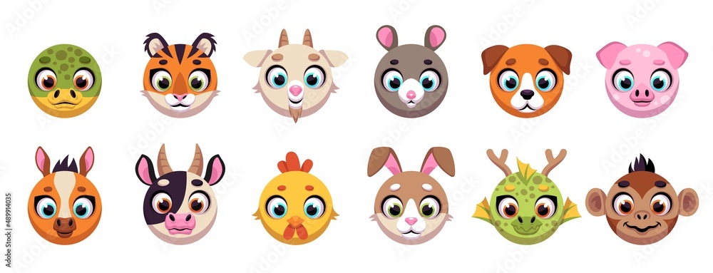 Animals circle faces. Funny cartoon muzzles, round shapes, UI apps ...