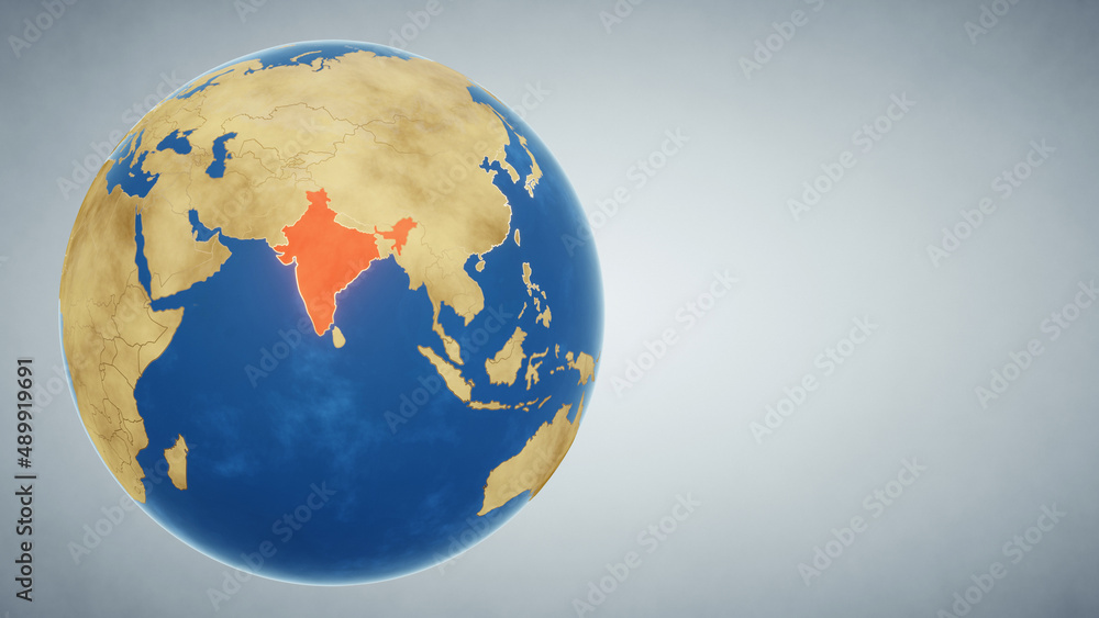 Earth globe with country of India highlighted in red. 3D illustration ...
