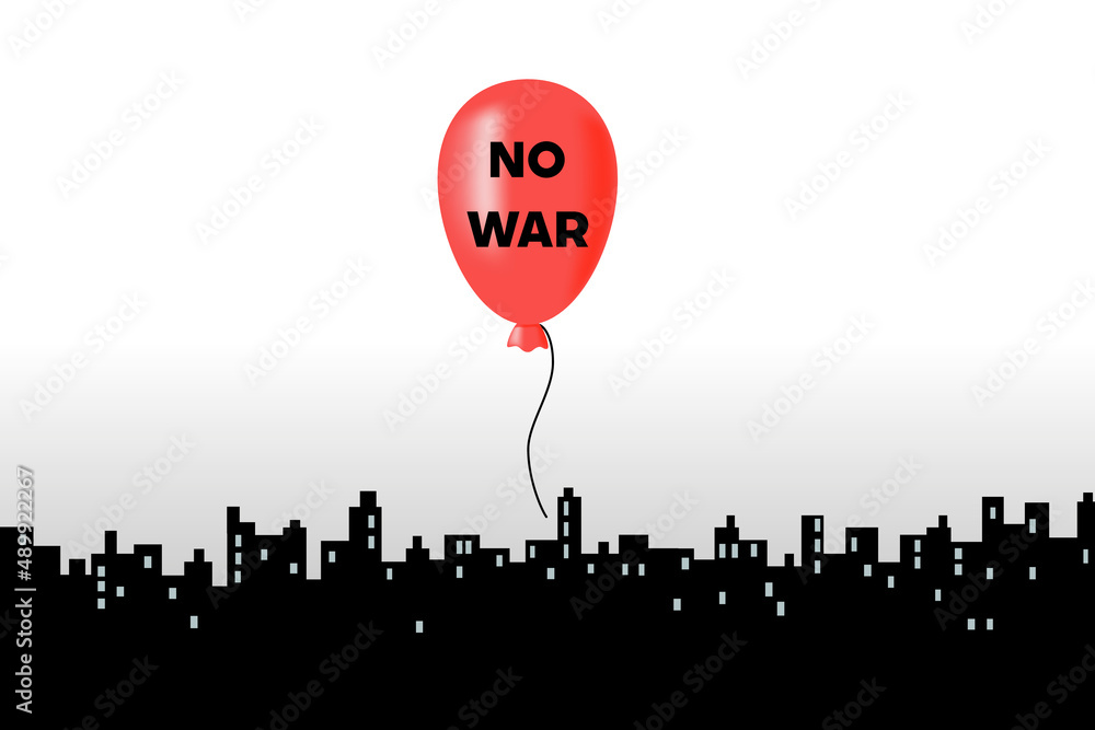 Poster No War. Red ball in sky above black ruins of city. Pacifist ...