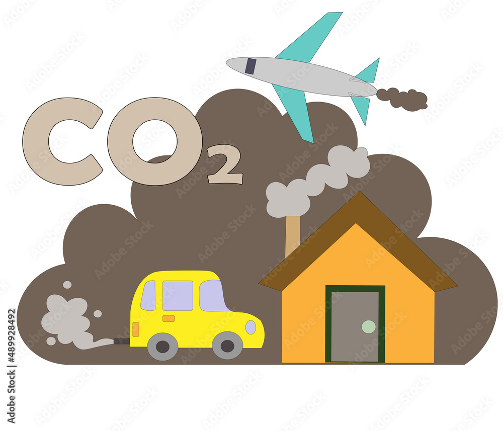 carbon dioxide emissions. scene of CO2 emission in the city by plane ...