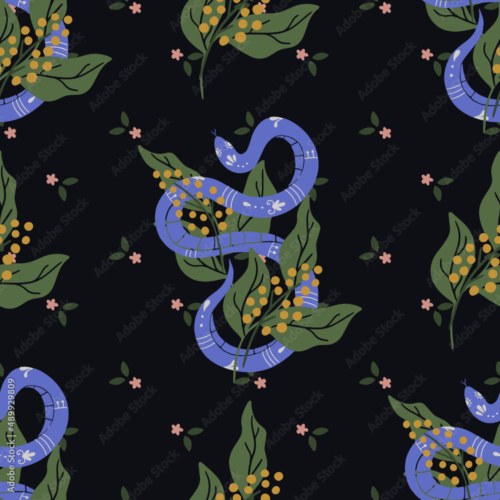 Seamless pattern with purple snakes and flowers on a black background ...