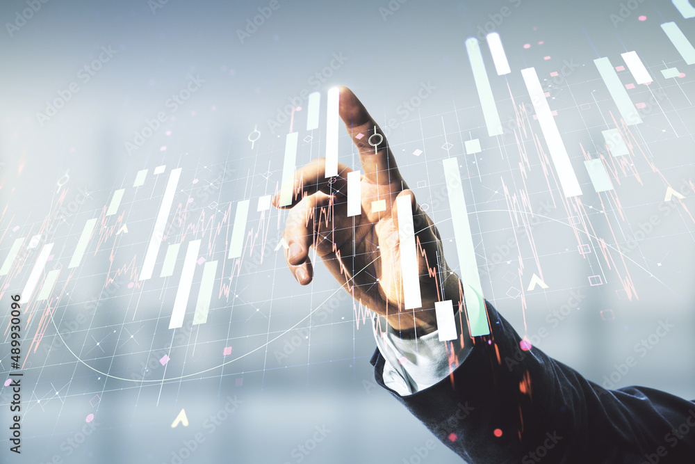 Double exposure of man hand working with virtual creative financial ...