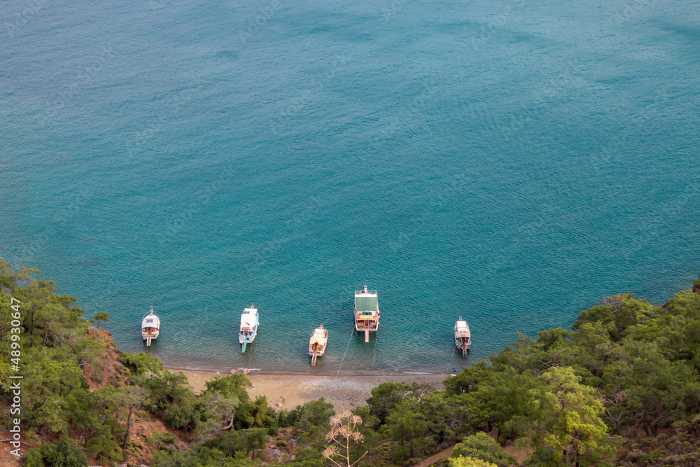 Adrasan tourist boats waiting in a hidden little bay, Adrasan in ...