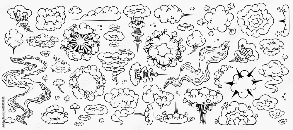 Comic clouds, cartoon vector clouds in line style isolated on light ...