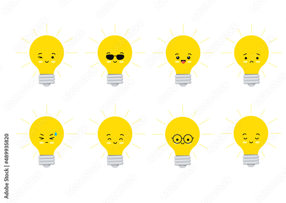 Cute light bulb smile and sad funny cartoon character vector set. Flat ...
