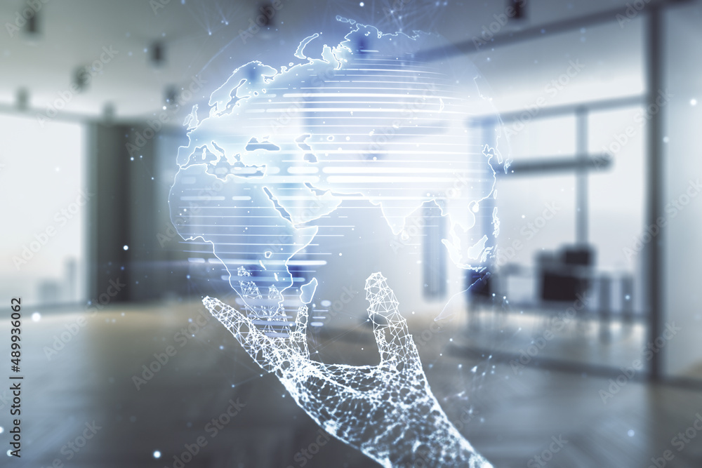 Abstract creative digital world map on a modern furnished classroom ...