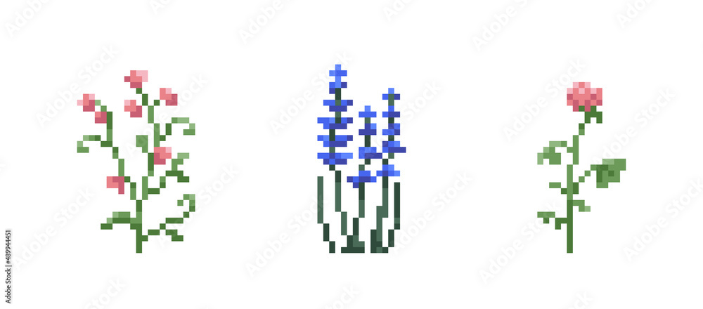 Set of Pixel art flowers. Vintage 90s gaming 8 bit icon of pink sweet ...