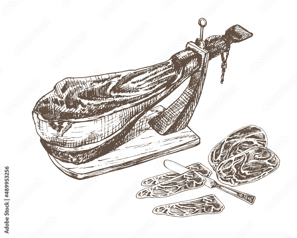 344_jamon_Spanish jamon, traditional jerky,dried pork, ham sketch ...