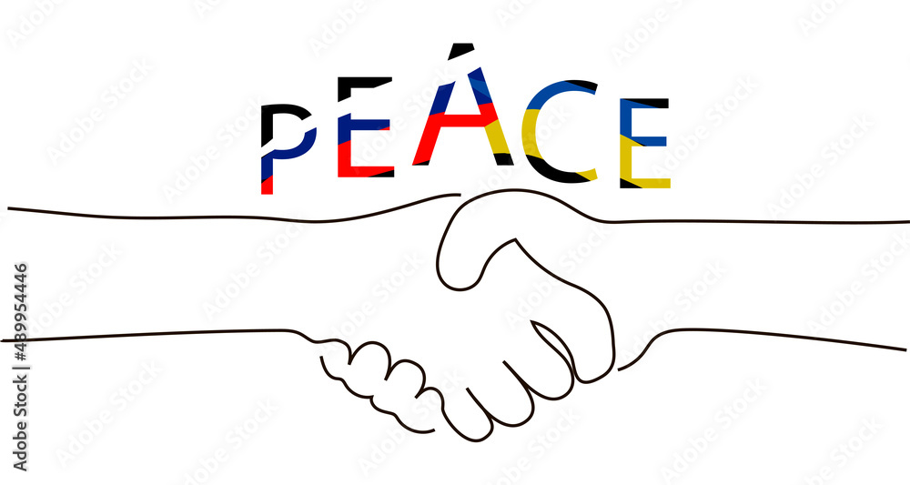 Handshake. Hands are drawn in one line style. Written word - Peace in ...