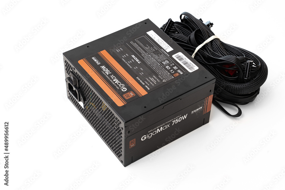 Zalman PSU. The computer's power supply is on a white background. Stock ...