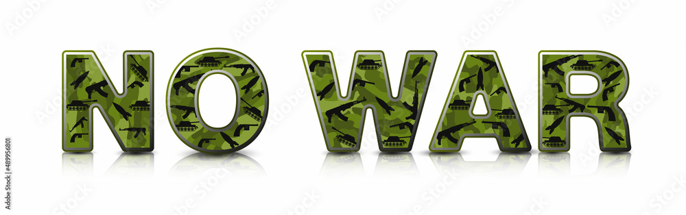 No war poster word for banner with silhouettes of army weapons, tank ...