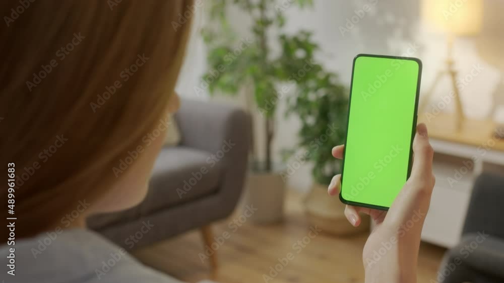 Tapping on Center Screen. Back View of Woman at Living Room Using Phone ...
