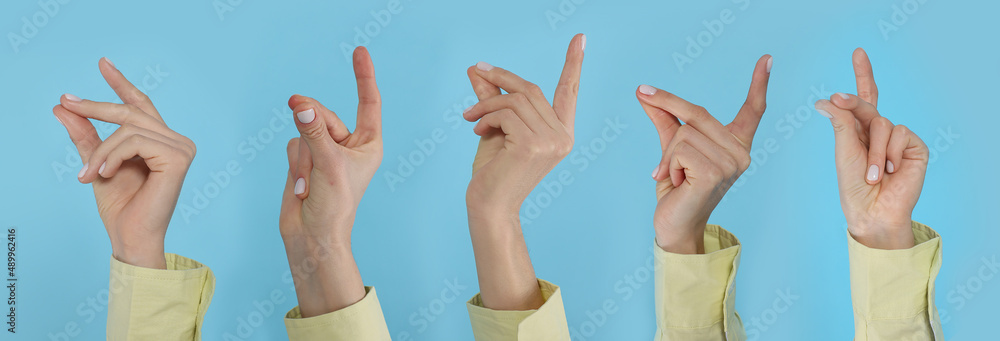 Collage with photos of women snapping fingers on light blue background ...