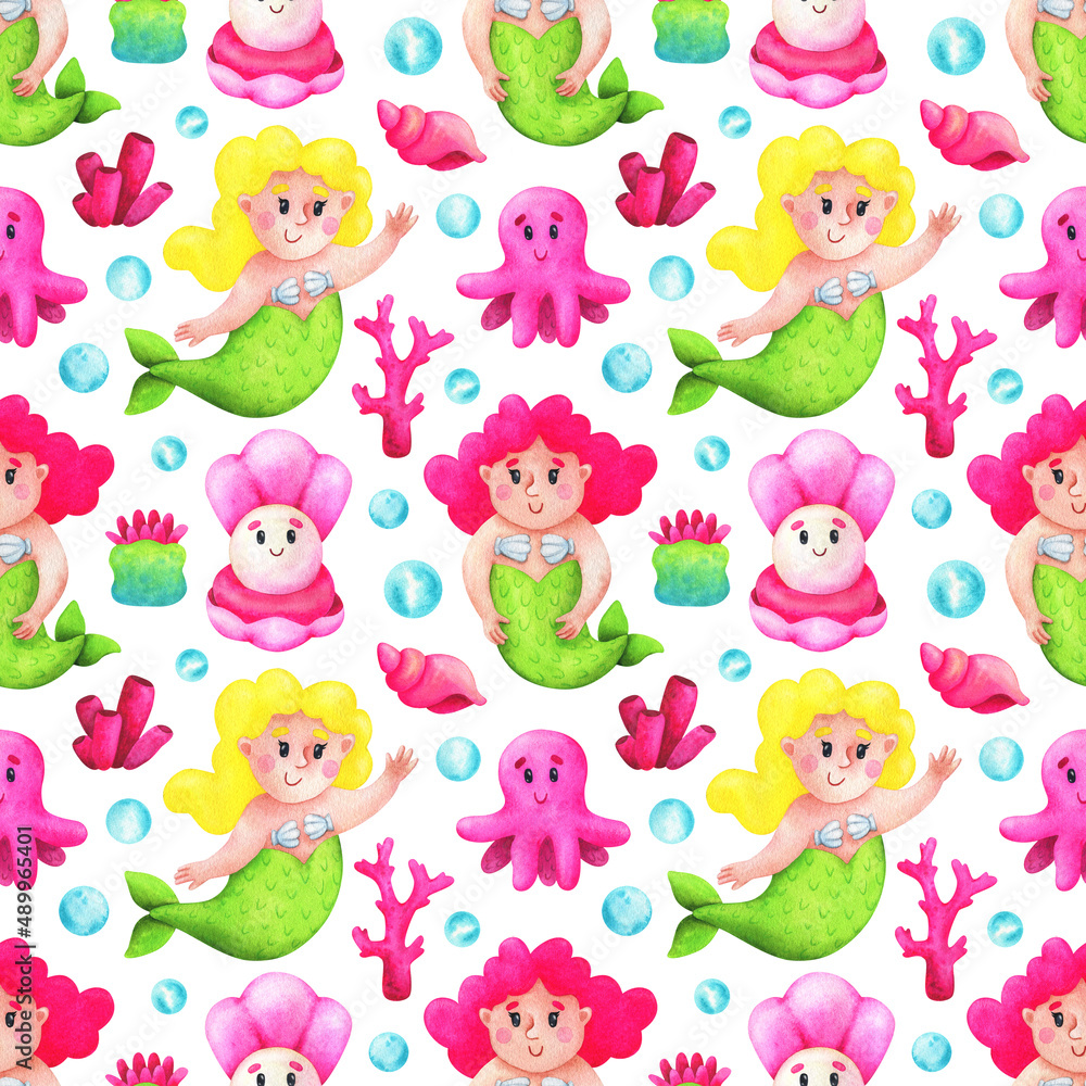 Seamless pattern with female mermaids, pink octopus, clam, algae ...
