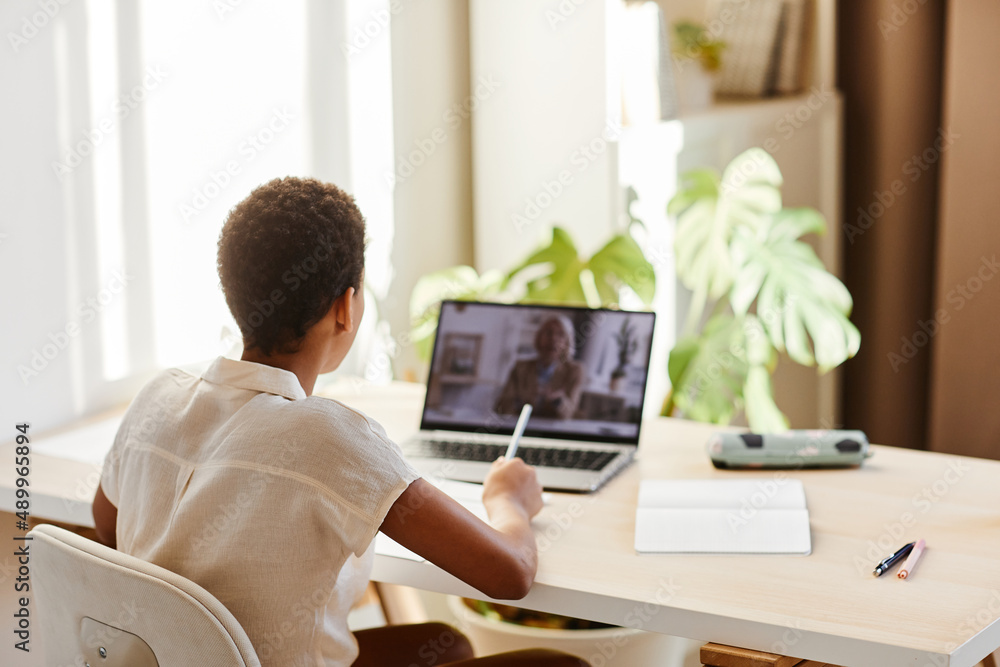 Back view portrait of African American girl watching online lesson ...