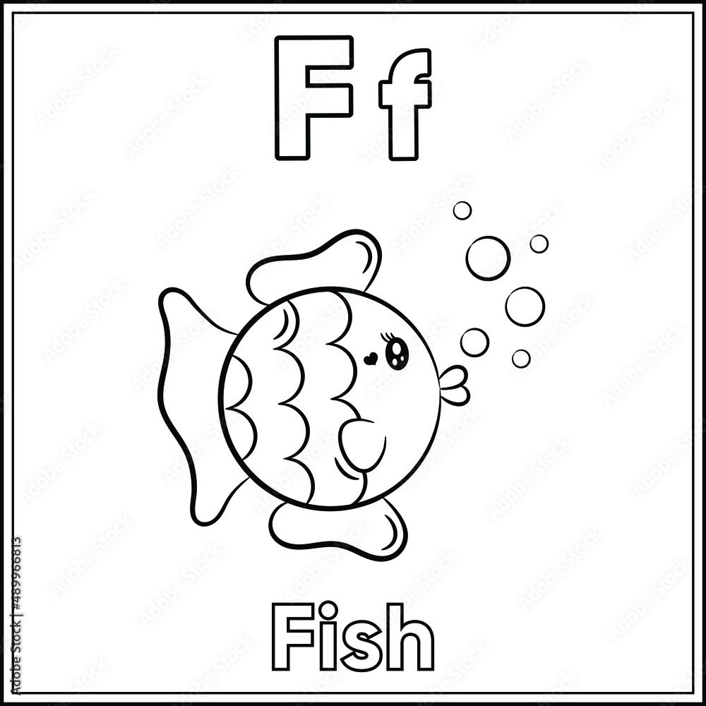 Alphabet flashcard letter F learning with cute fish drawing sketch for ...