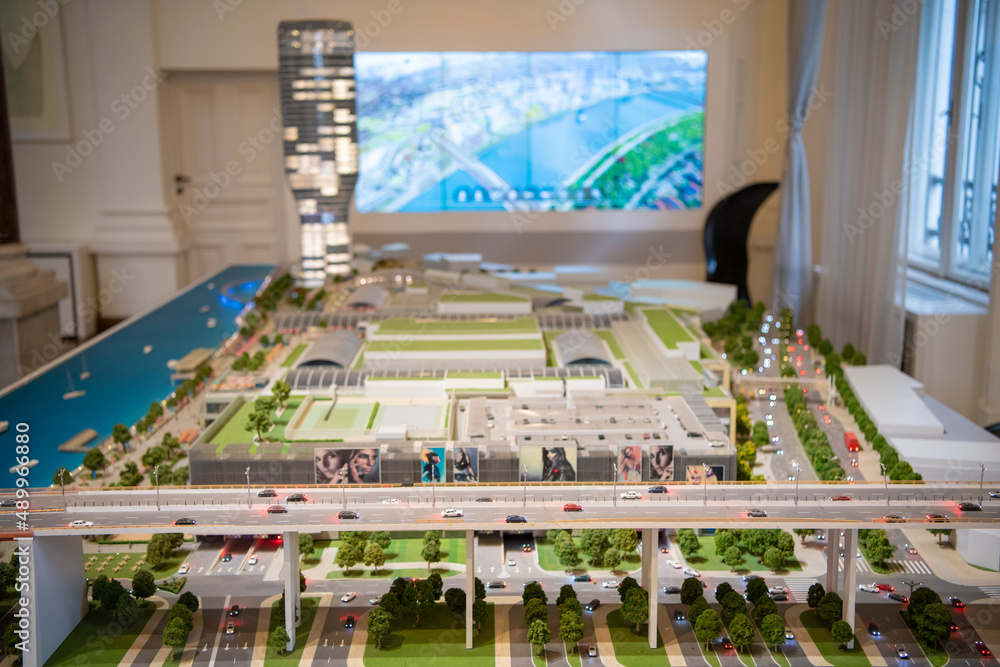 Scale model of a city showing the CBD with modern skyscrapers and high ...