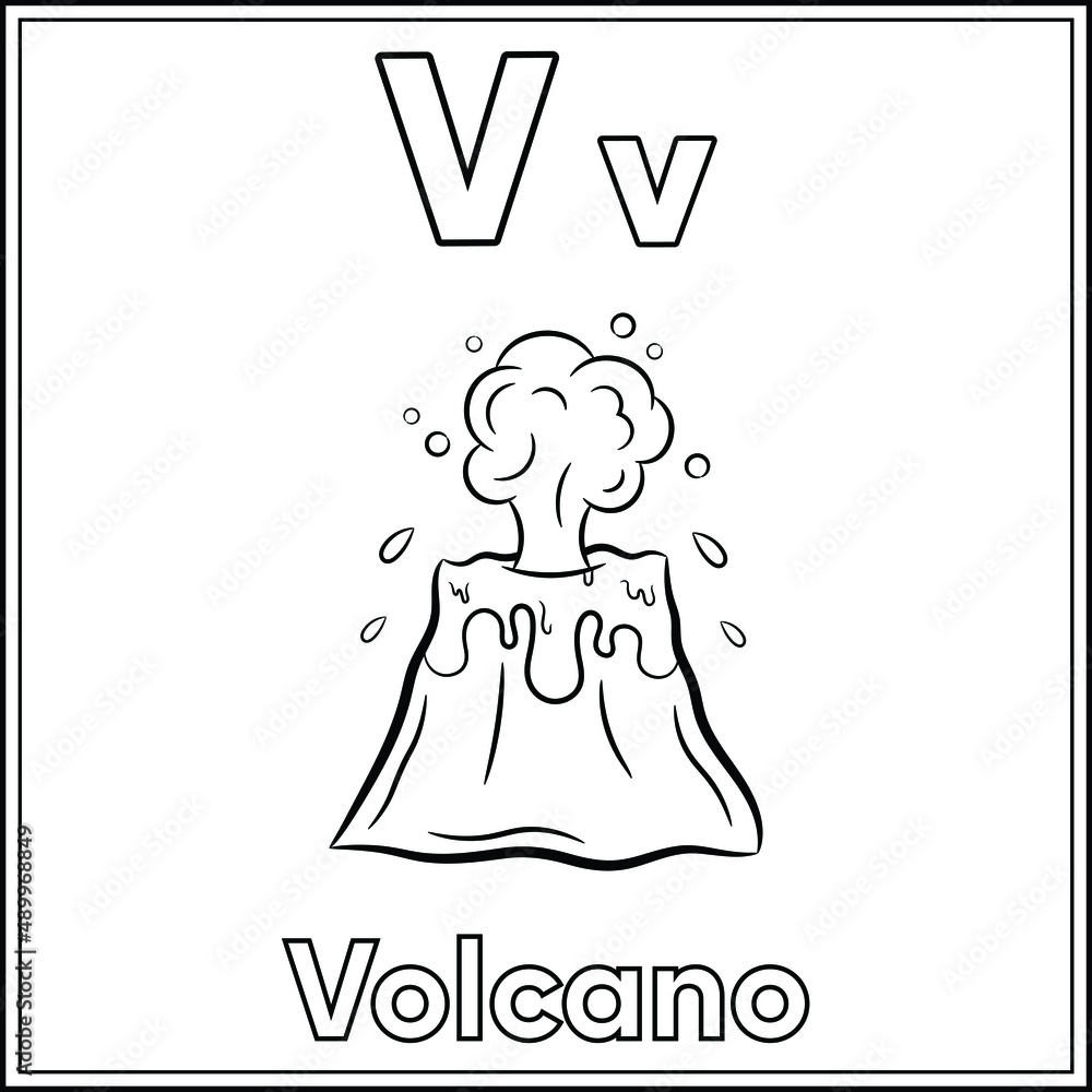 Alphabet flashcard letter V learning with cute volcano drawing sketch ...