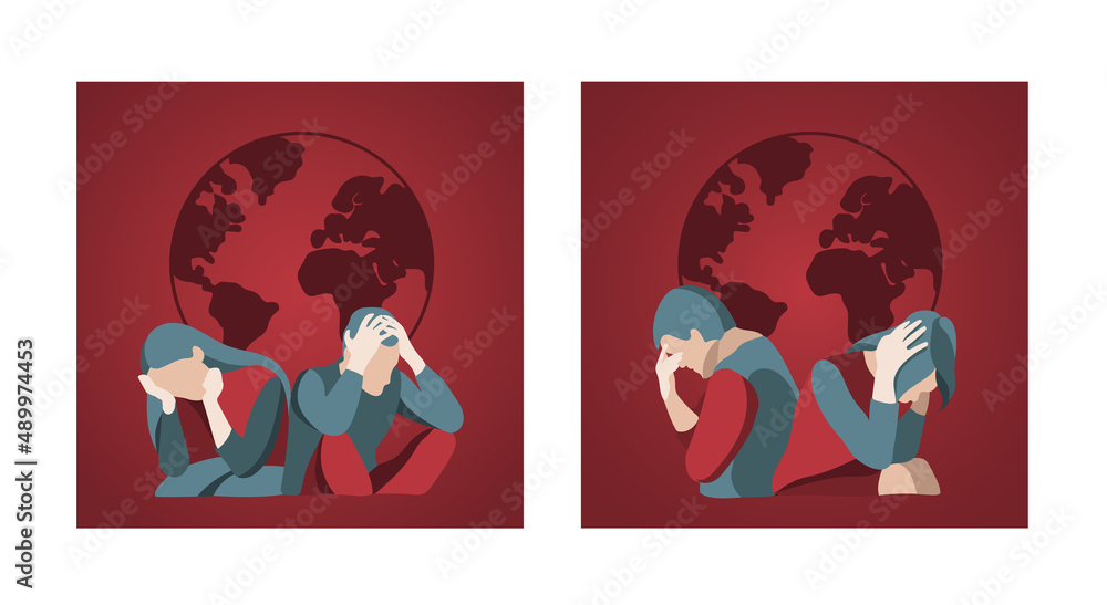 Vector illustration group of sad people, man and woman, planet earth ...