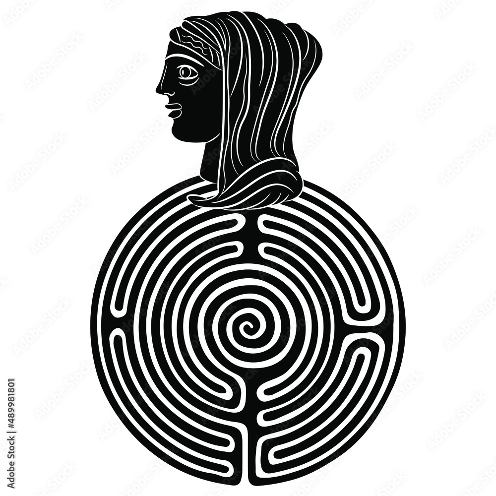 Round spiral maze or labyrinth symbol with female head on top. Ancient ...