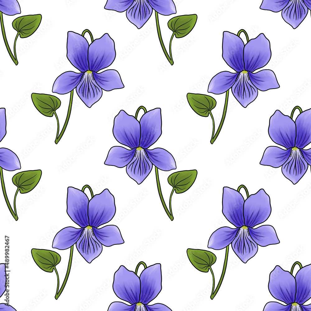 seamless pattern with drawing flower of viola at white background, hand ...