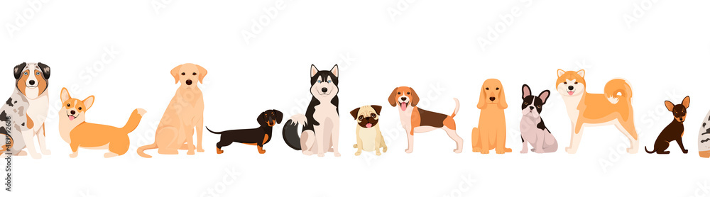 Seamless border with dogs on a white background. Cartoon design. Vector ...