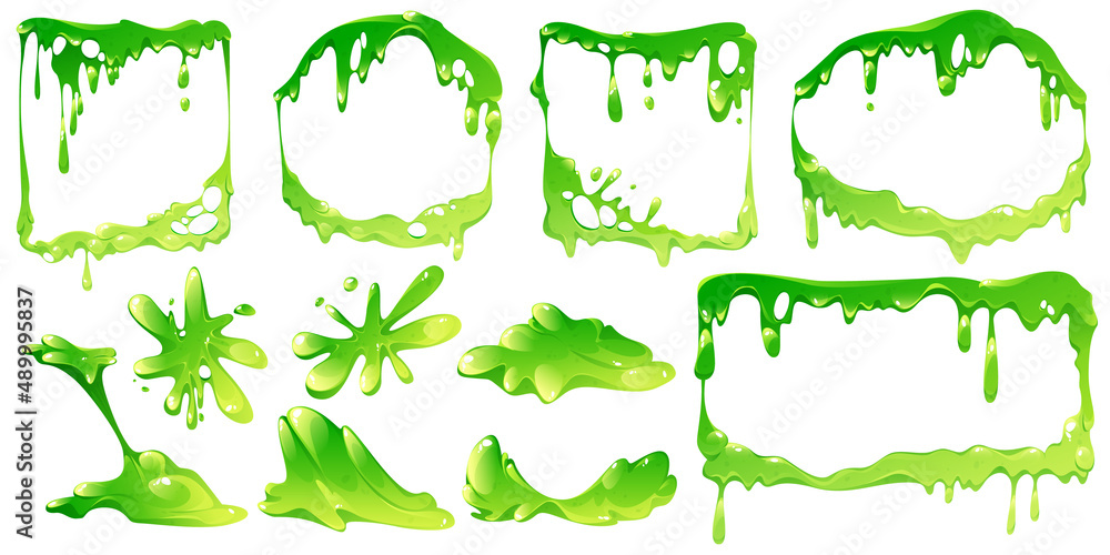 Green slime frames and elements isolated vector set. Liquid toxic ooze ...