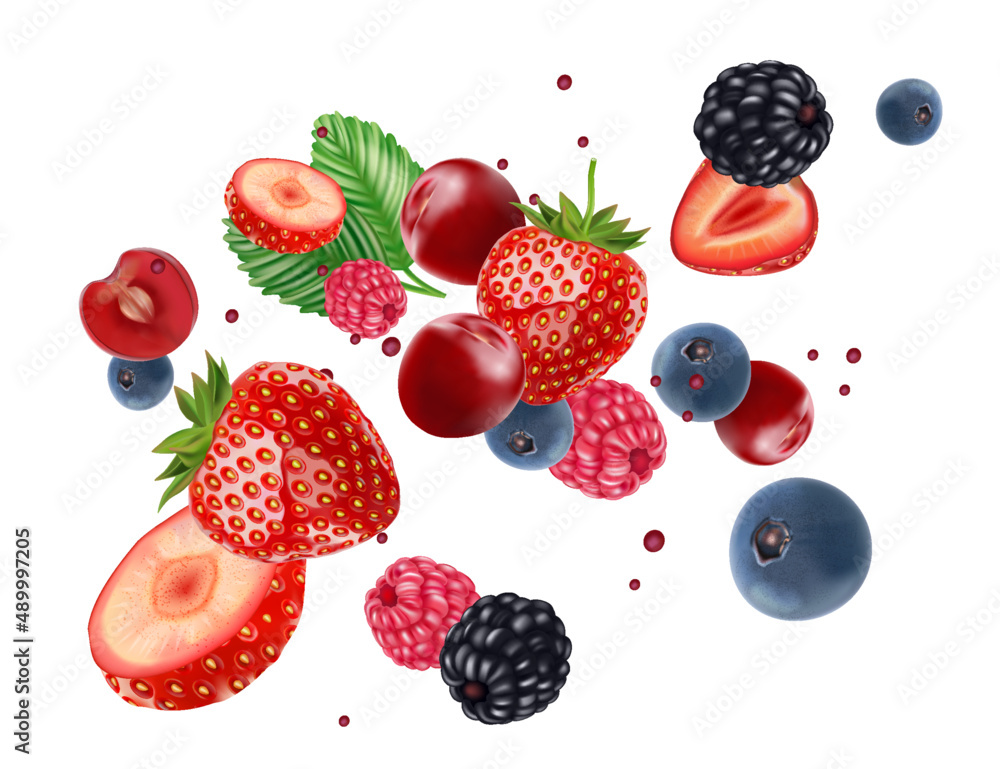 Mix berries smooth fruit Splashing of Tropical fruits isolated on white ...
