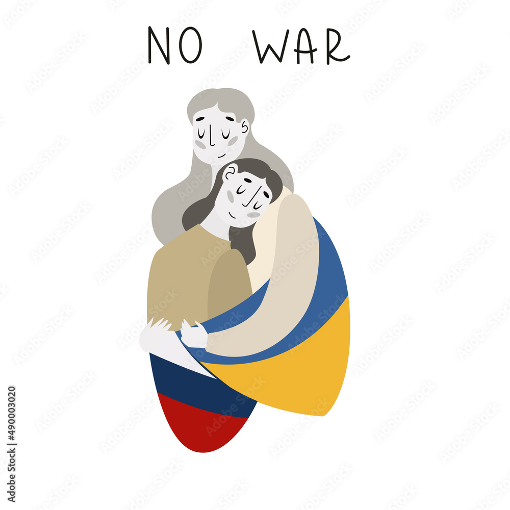 Two hugging girls with flags of Russia and Ukraine. No war ...
