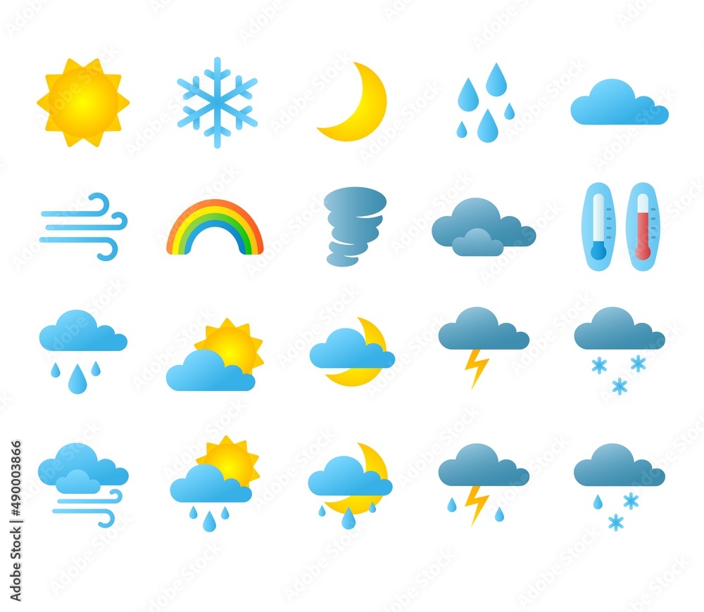 Weather icons. Sun clouds rain and wind interface icons for forecast ...