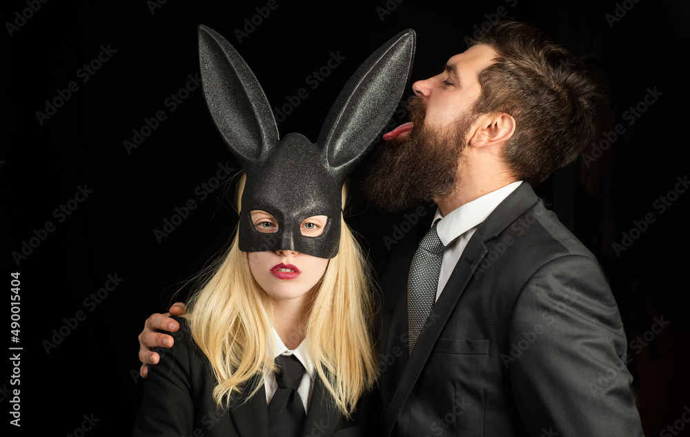 Crazy Easter couple, bunny playgirl woman and rabbit man. Funny Easter ...