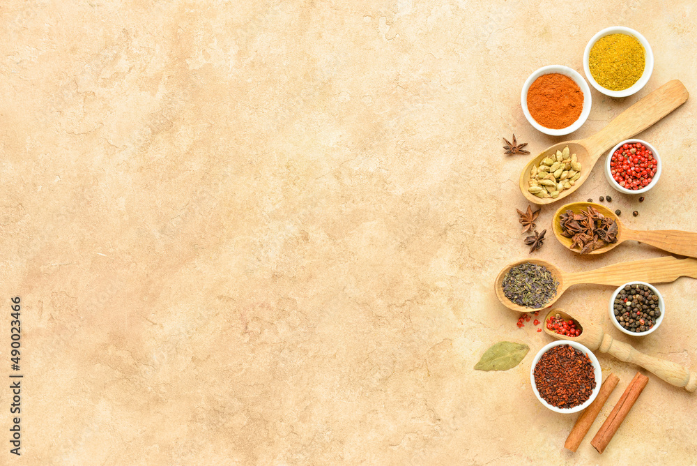 Set with aromatic spices on beige background Stock Photo | Adobe Stock