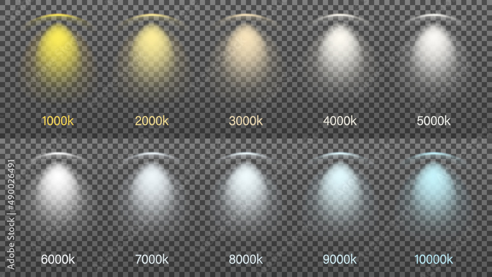 Set of light from lamps, spotlights. Color temperature from 1000 to ...
