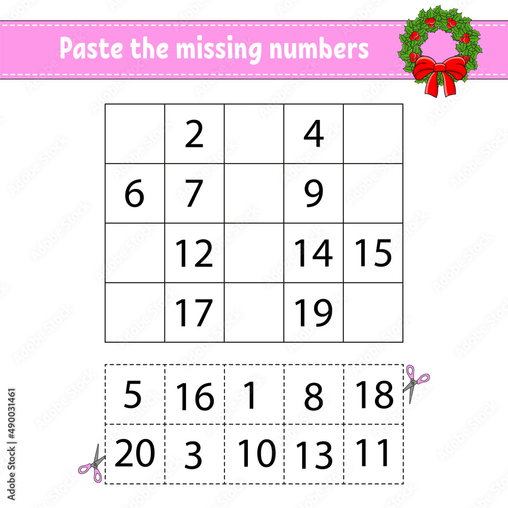 Paste the missing numbers 1-20. Game for children. Handwriting practice ...