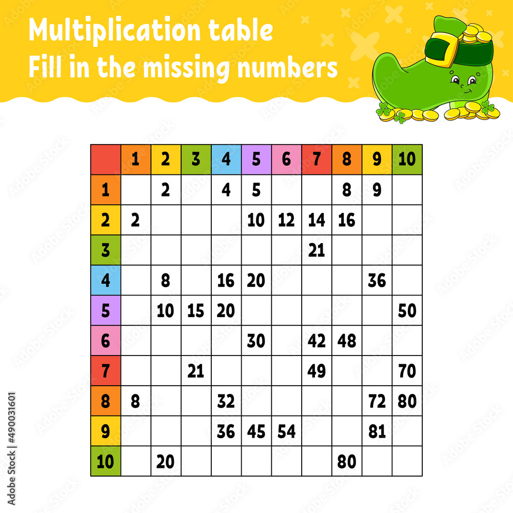 Paste the missing numbers. Learning multiplication table. Handwriting ...
