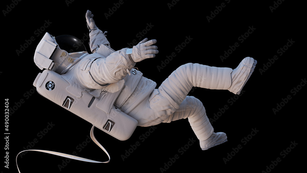 astronaut with safety tether flying in outer space, isolated on black ...