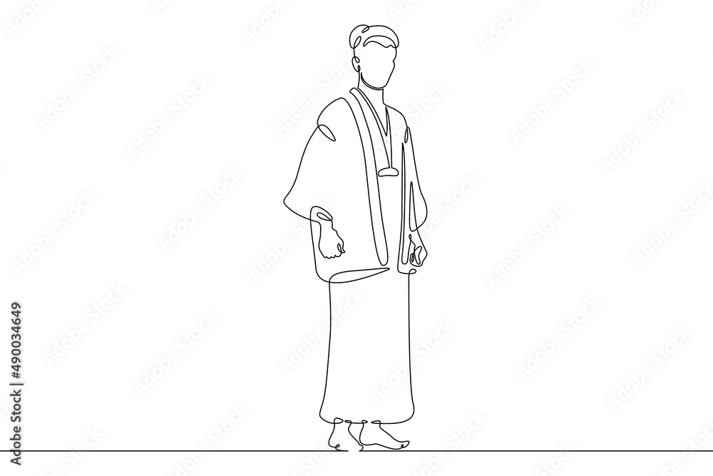 One continuous line.Japanese man character in traditional folk national ...