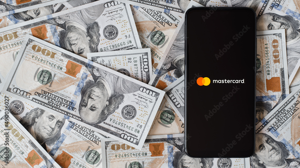 Mastercard international payment system logo on screen of mobile phone ...
