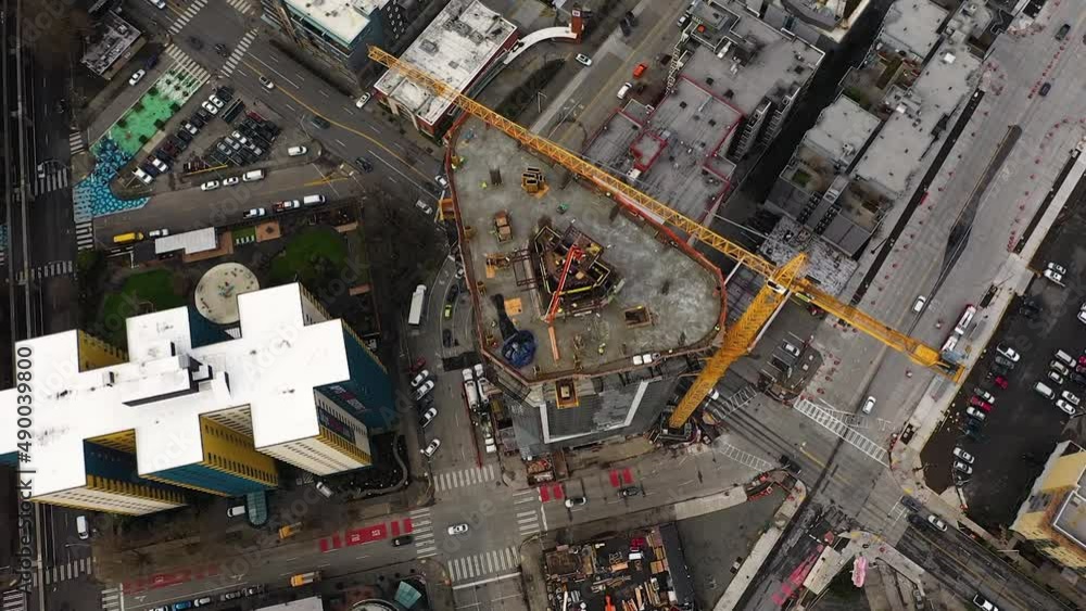 Top down aerial of a skyscraper being built in Seattle, WA. Stock Video ...