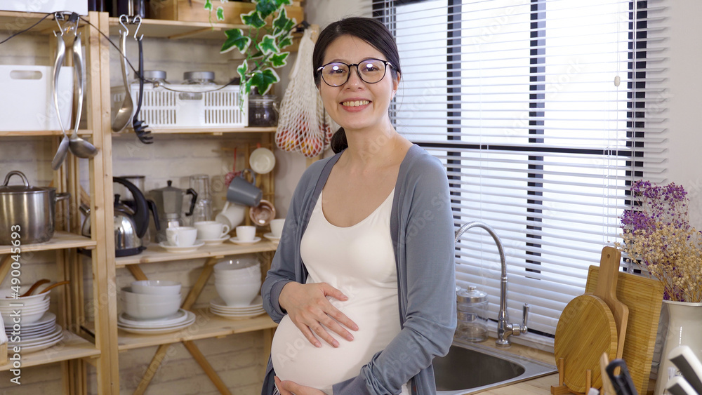 female vlogger is waving hand to the camera and stroking her belly ...