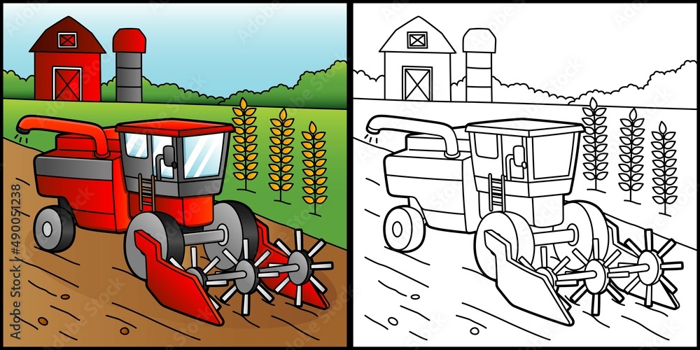 Combine Harvester Coloring Page Illustration Stock Vector | Adobe Stock